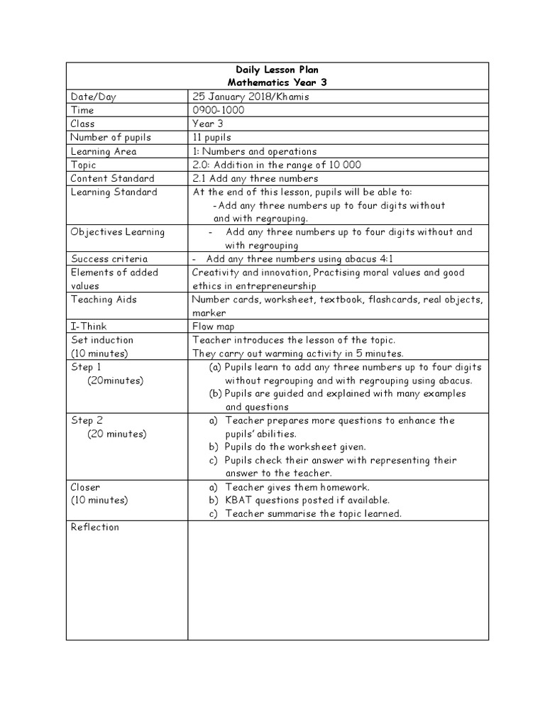 Daily Lesson Plan Mathematics Year 3 | PDF
