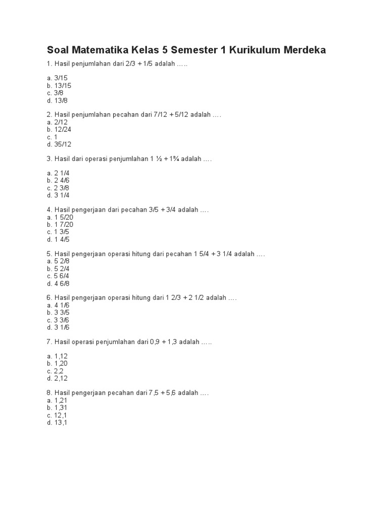 Soal Matematika Kelas 5 Semester 1 Kurikulum Merdeka | PDF