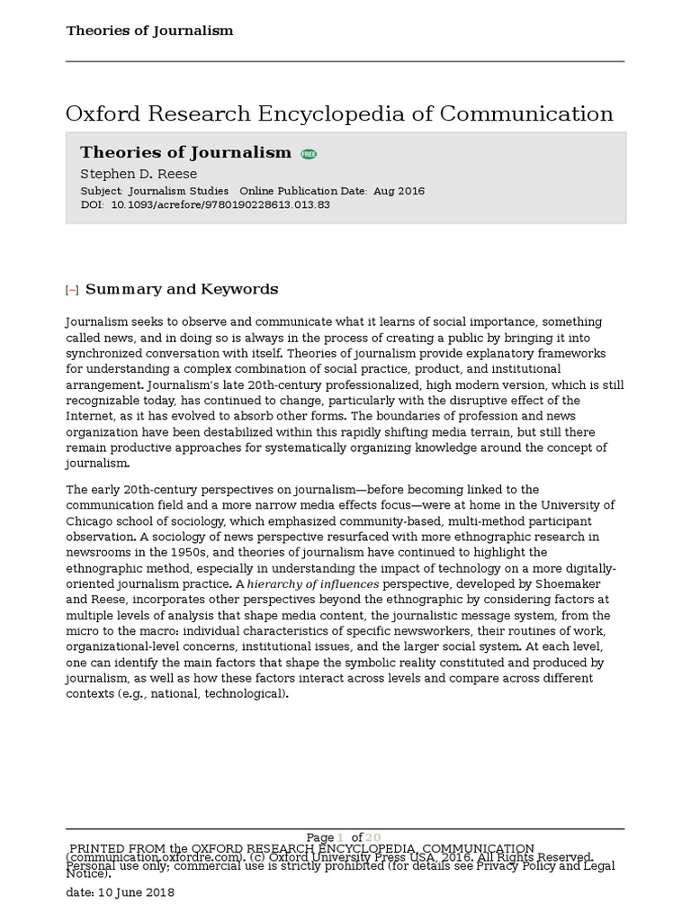 Stephen D. Reese - Theories of Journalism | PDF