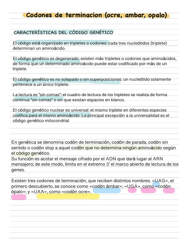 Codones de Terminacion (Ocre, Ambar, Opalo) | PDF | Codigo genetico ...