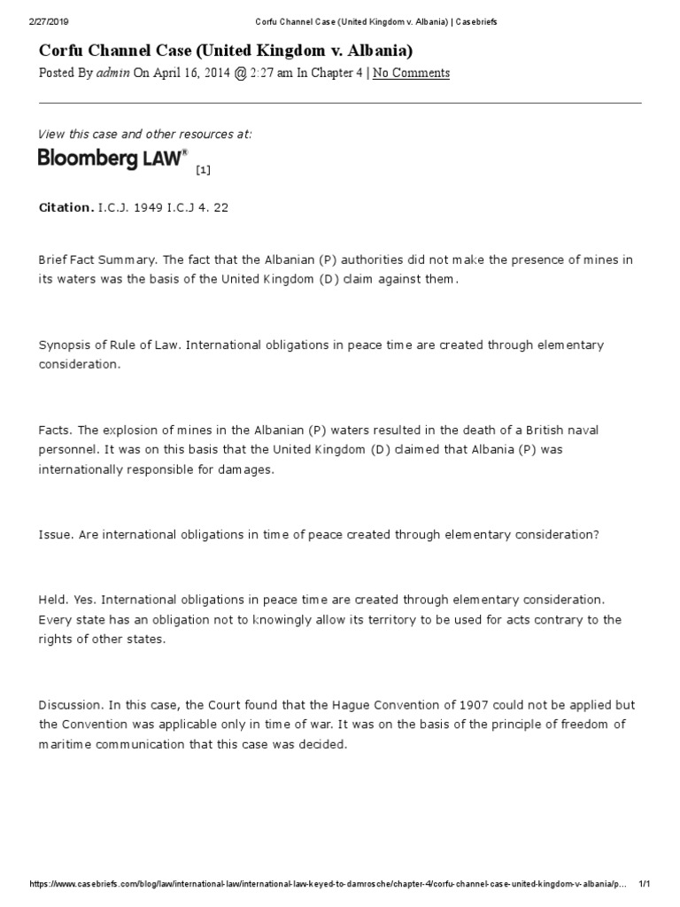 Corfu Channel Case (United Kingdom v. Albania) - Casebriefs | PDF