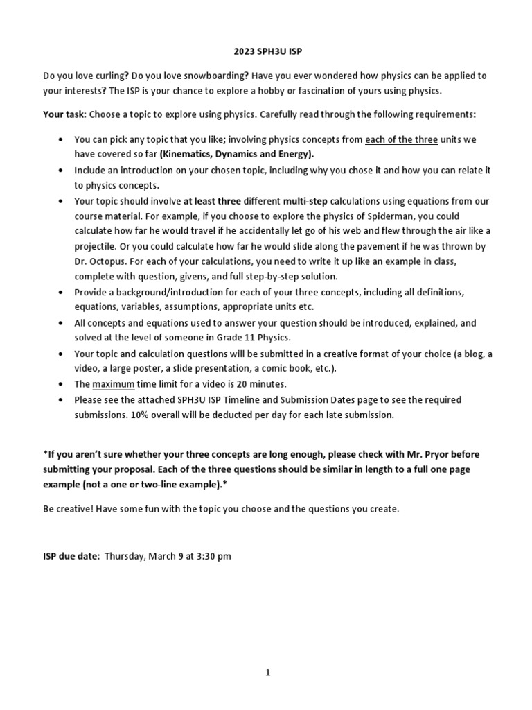 SPH3U 2023 Student ISPs | PDF | Speed | Newton's Laws Of Motion