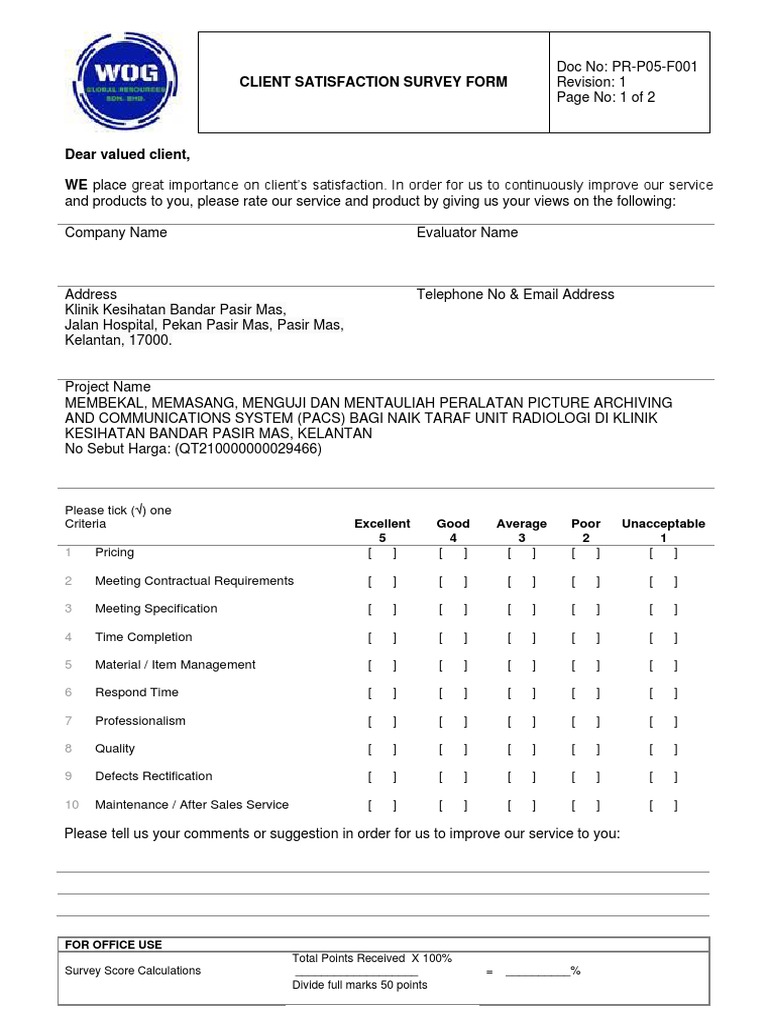PR-P05-F001 R1 Client Satisfaction Survey Form PACS Pasir Mas-1 | PDF | Business
