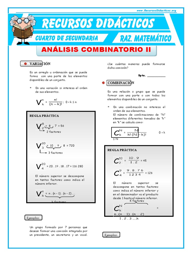 Variaciones y Combinaciones Para Cuarto de Secundaria | PDF | Combinatoria | Matemáticas discretas