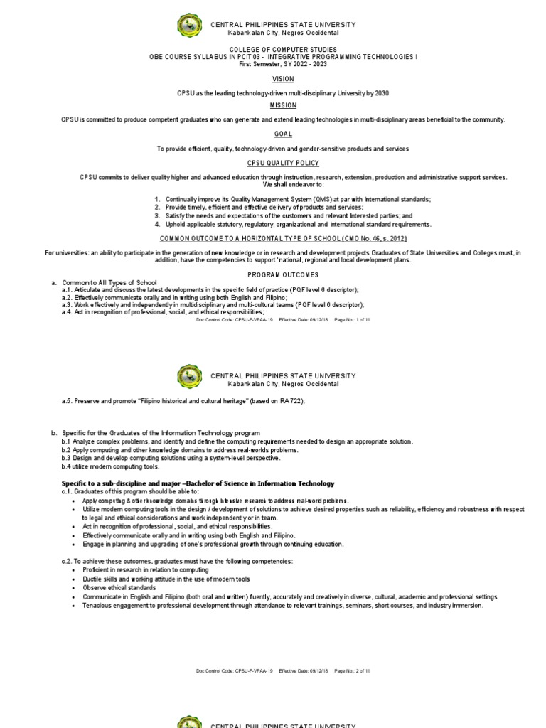 Pcit 03 Syllabi 2020 21 1st Pdf Computer Programming Object Computer Science