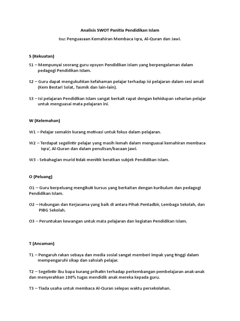 Analisis SWOT Panitia Pendidikan Islam | PDF