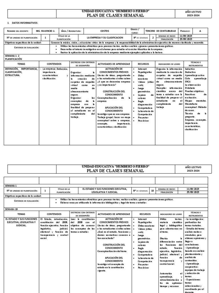 Plan de Clases Semanal: Unidad Educativa "Humberto Fierro" | PDF | Evaluación | Planificación
