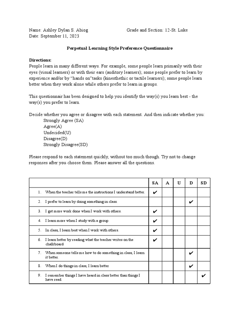 ABIOG, Perceptual Learning Style Preference | PDF | Learning Styles | Learning