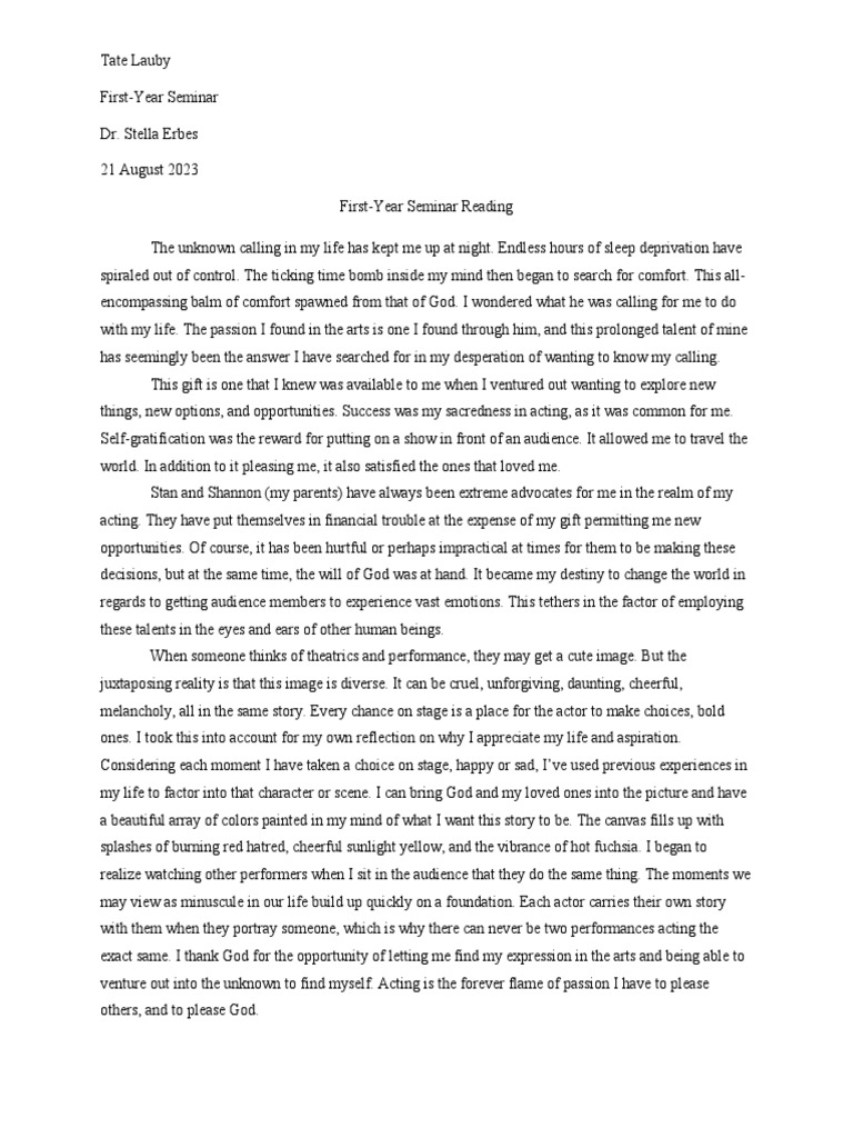 Tate Lauby First-Year Seminar Reading Assignment - Pepperdine ...