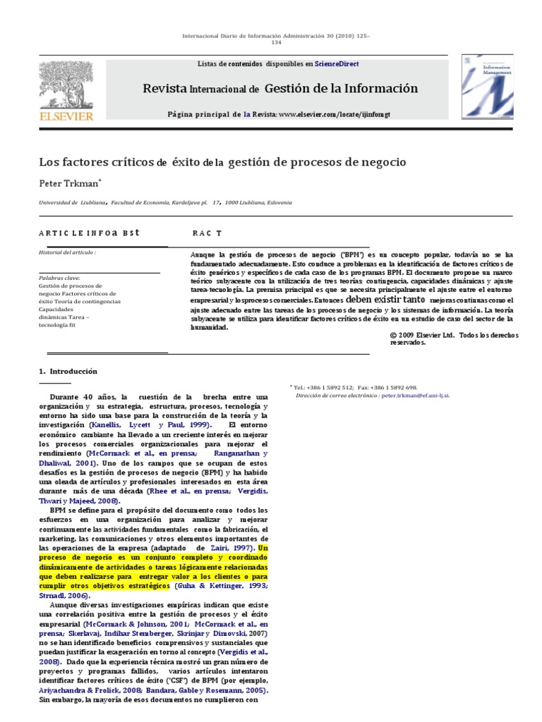 Los Factores Críticos de Éxito de La Gestión de Procesos de Negocio | PDF | Procesos de negocio ...