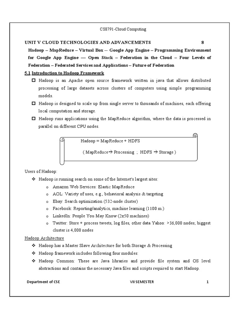 Unit 5 Print | PDF | Apache Hadoop | Cloud Computing