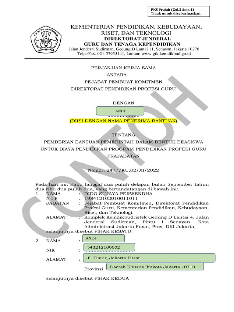 B. (Contoh Isian) PKS Mahasiswa Prajab Gel.2 Sms.1-1 | PDF