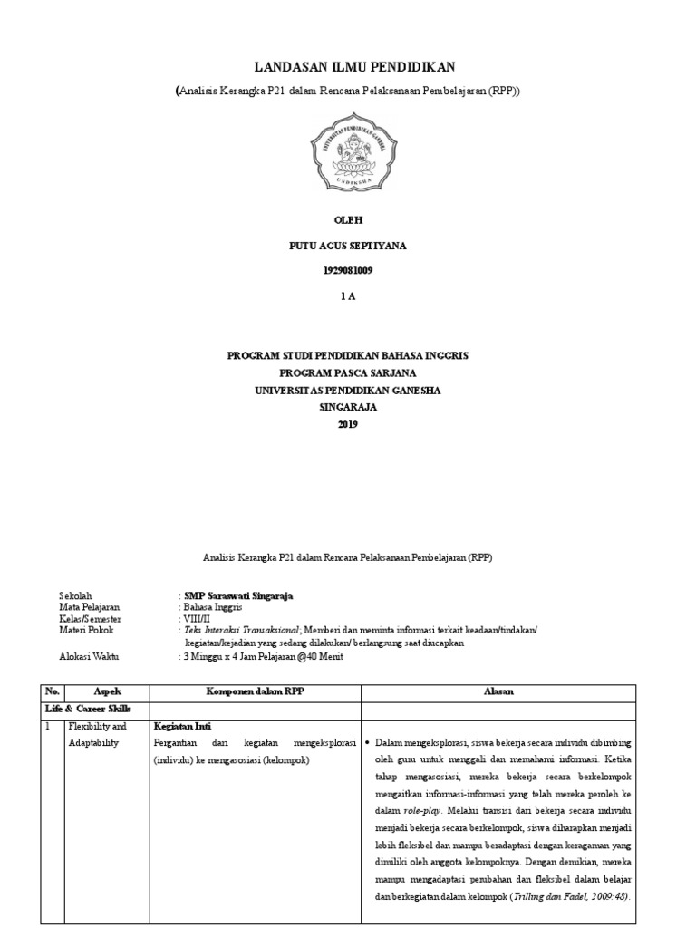 Analisis Kerangka P21 dalam RPP | PDF
