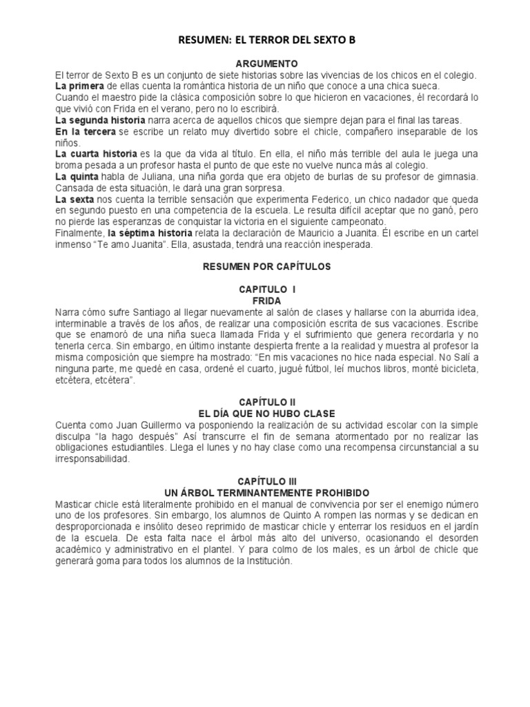 Resumen Terror en Sexto B | PDF