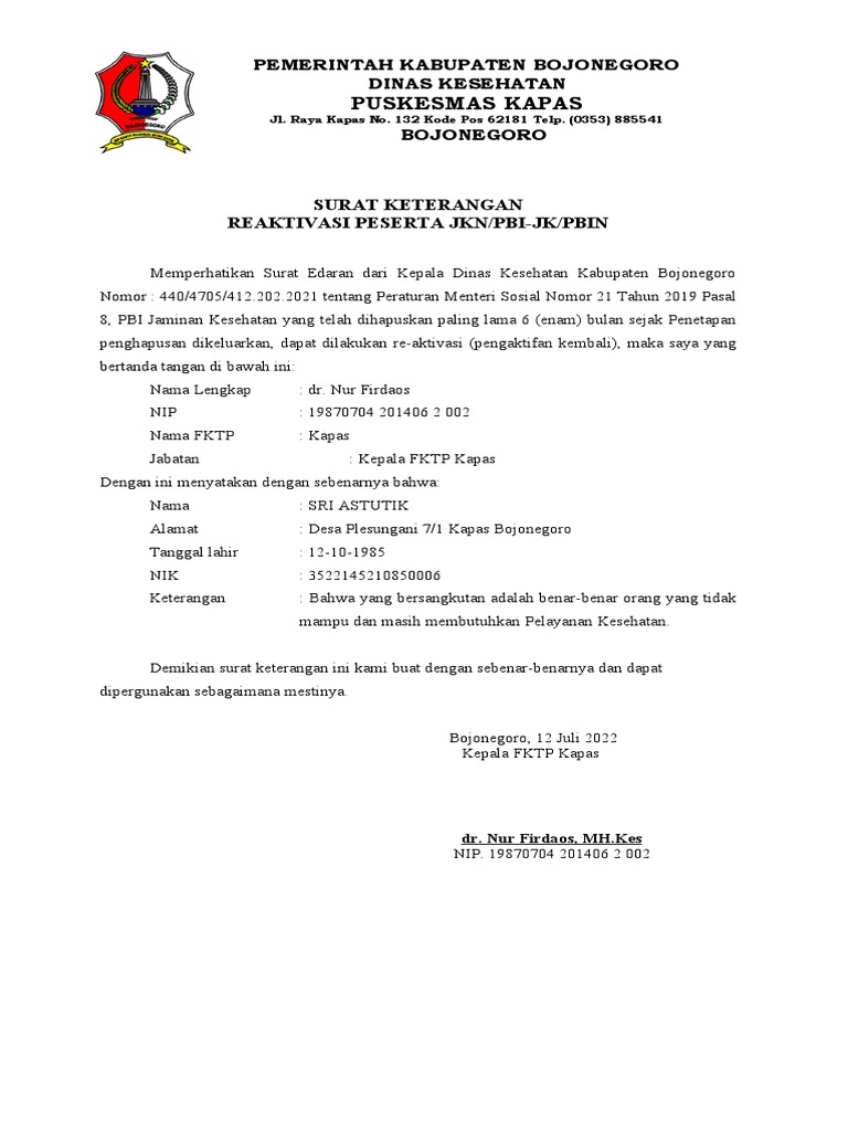 Surat Keterangan Re Aktivasi PBI | PDF | Kesehatan Holistik | Gaya Hidup