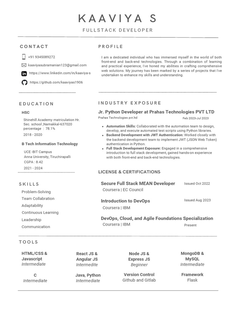 Kaaviya S CV | PDF | Web Application | World Wide Web