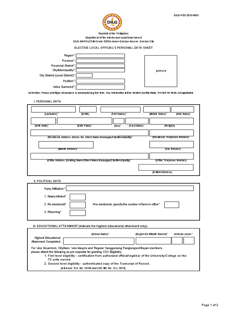 Elective Local Officials PDS Form 2025 | PDF | Government