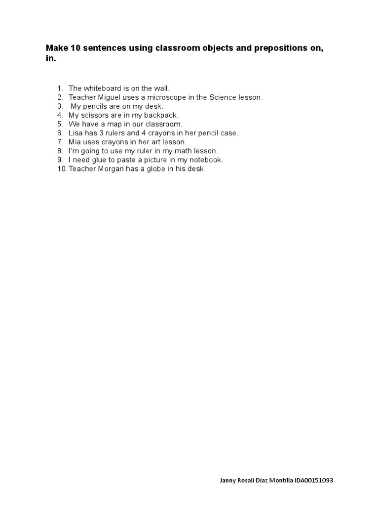 Make 10 Sentences Using Classroom Objects and Prepositions On | PDF