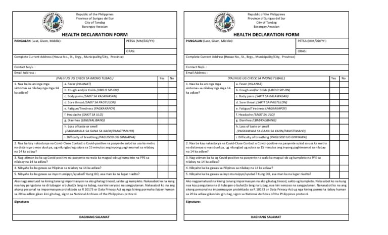 Health Declaration Form (Bisaya) | PDF