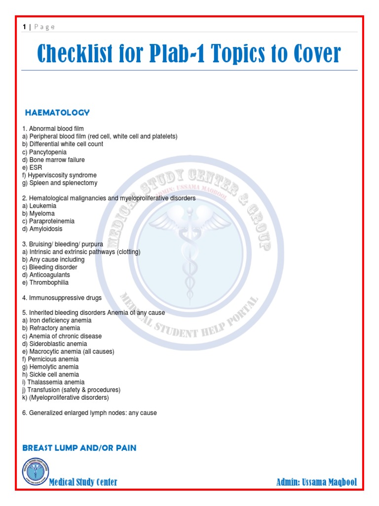 Checklist For Plab-1 Topics To Cover (Shared by Ussama Maqbool) | PDF