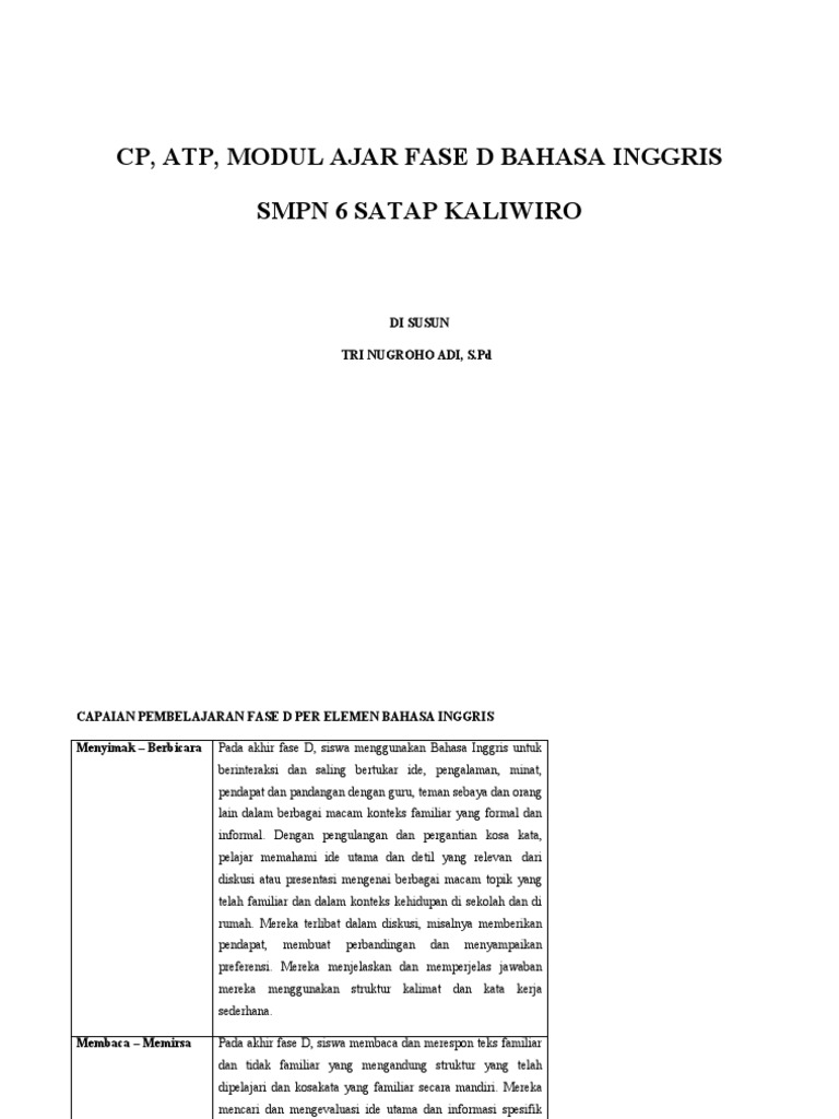 CP & Atp B Ing Fase D | PDF | Karier & Perkembangan | Seni & Disiplin Bahasa