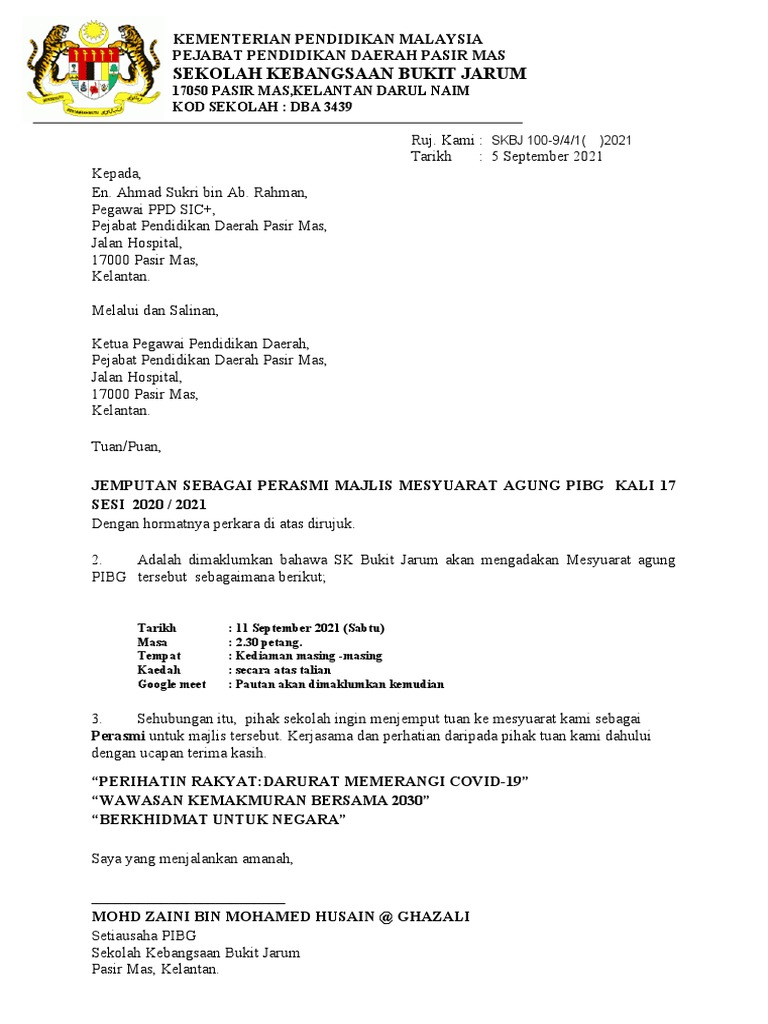 Surat Kepada PPD - Jemputan Majlis Mesyuarat Agung Pibg 2021 | PDF