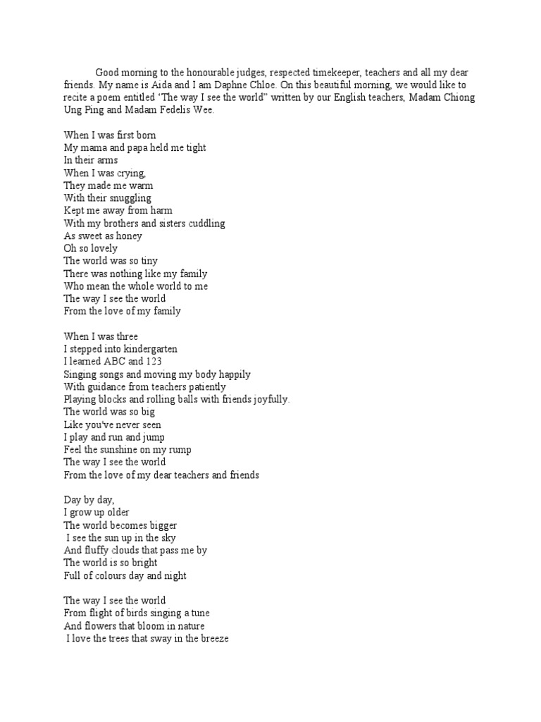 Poetry Recitation The Way I See The World | PDF