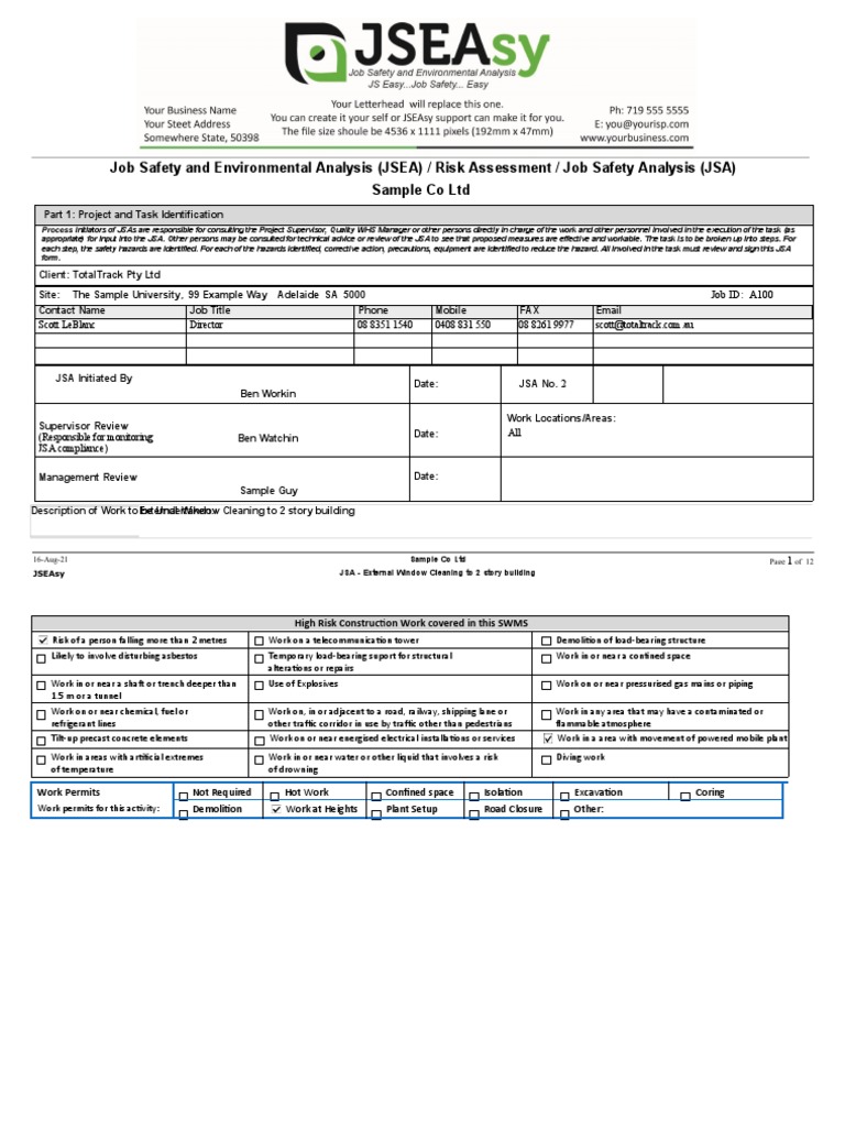 JSA External Window Cleaning To 2 Story Building Full Report | PDF | Risk | Safety