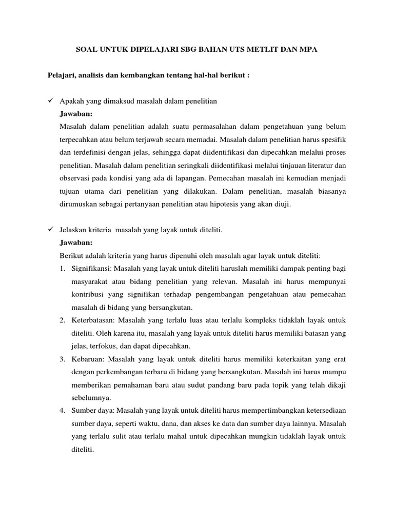 Jawaban - Soal Bahan Uts Metlit Dan Mpa | PDF