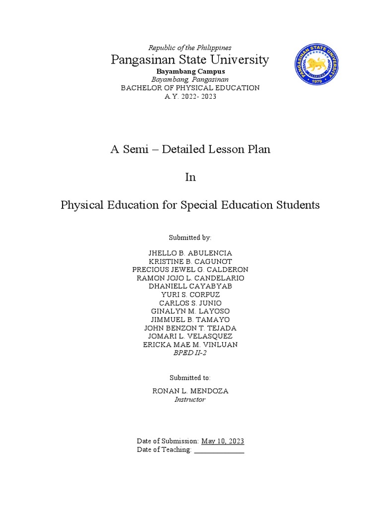 PE Lesson Plan for Special Ed Students | PDF | Disability | Learning ...