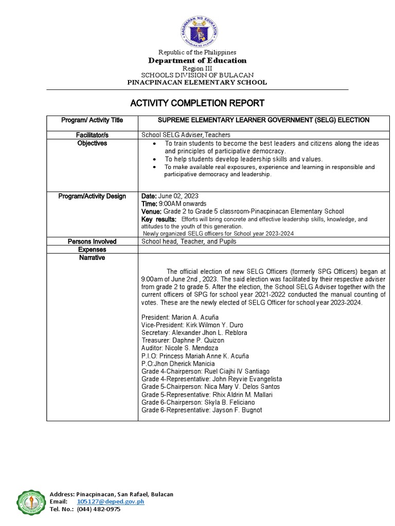 Acr Selg Election Pinac Es 2022 2023 | PDF | Behavior Modification ...