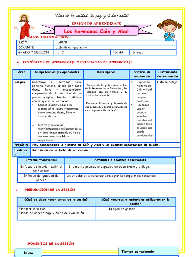 1º E3 SESION D2 RELIGION LOS HERMANOS CAIN Y ABEL | PDF | Evaluación | Aprendizaje