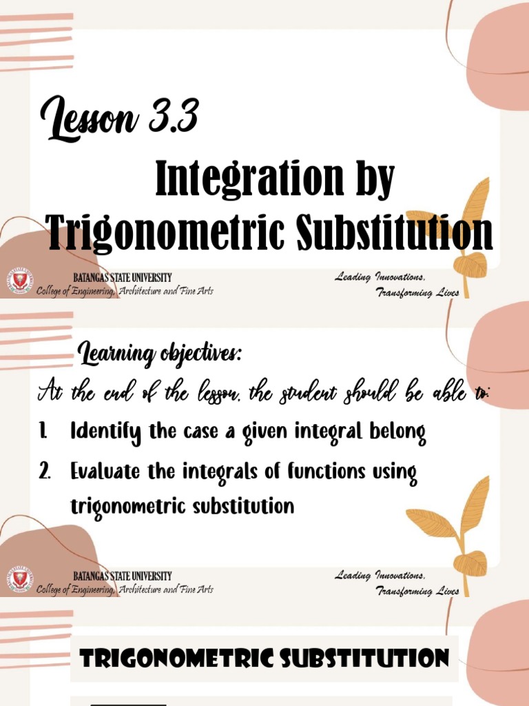 Lesson 3.3 - Integration by Trigonometric Substitution | PDF | Integral ...
