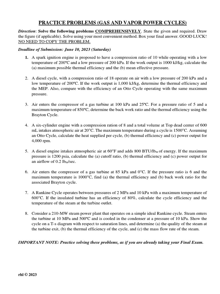 Practice Problems Gas and Power Cycles | PDF | Diesel Engine | Thermodynamics