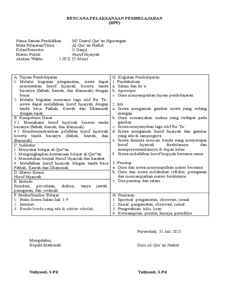 RPP Qurdis Kelas 1 | PDF | Karier & Perkembangan | Seni & Disiplin Bahasa