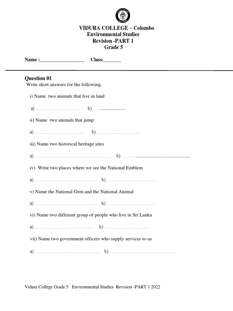 Grade 5 Environmental Studies Revision | PDF | Teaching Methods ...