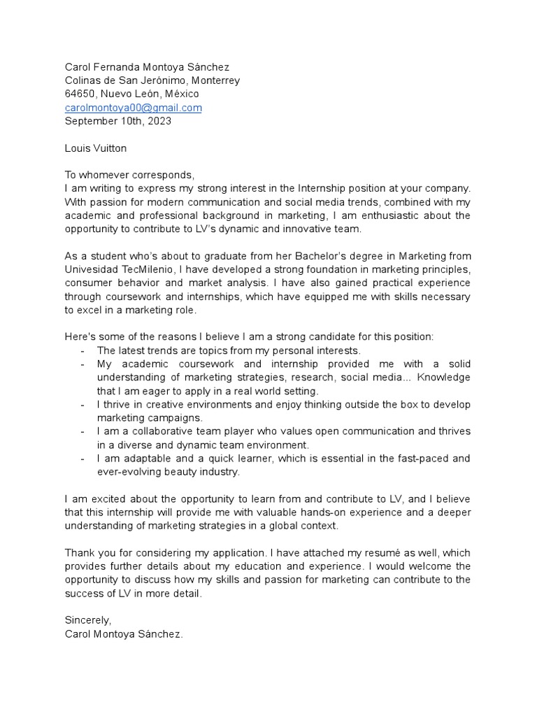 Louis Vuitton Marketing Internship Application | PDF