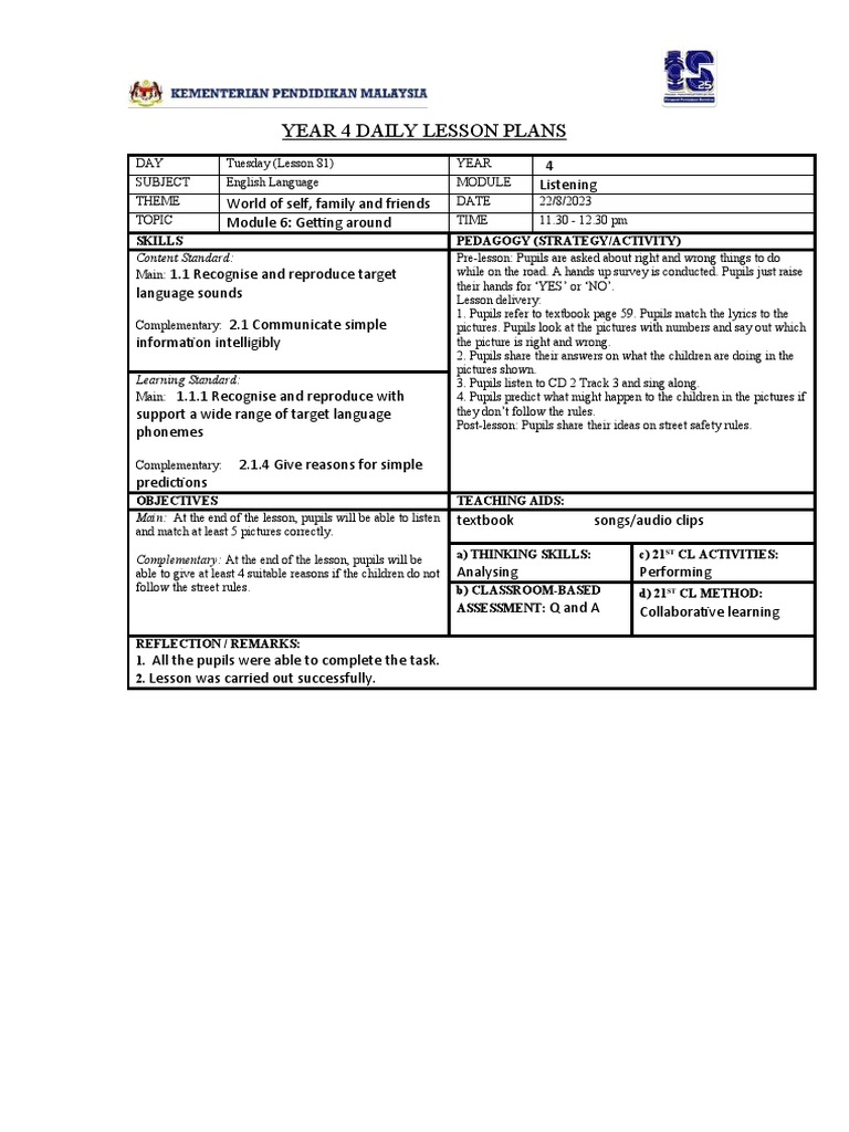 RPH English Y4 2023 | PDF | Learning | Lesson Plan