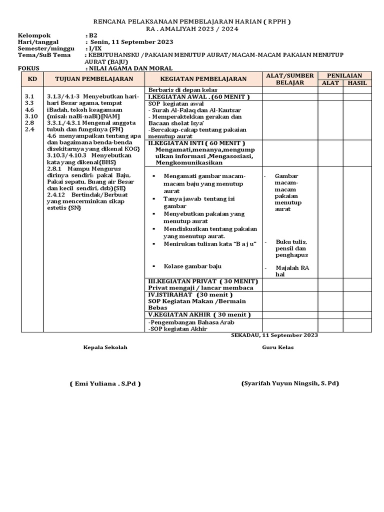 RPPH Tema Lingkungan dan Masjid | PDF
