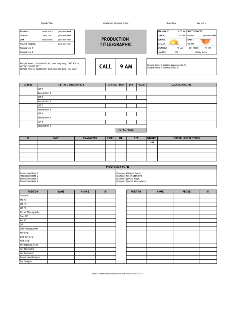 Call Sheet Template - Single Page - Call Sheet | PDF