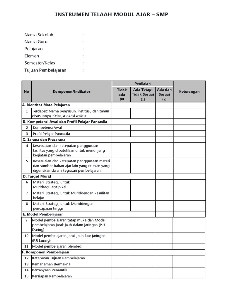 Instrumen Telaah Modul Ajar - SMP | PDF | Karier & Perkembangan | Seni
