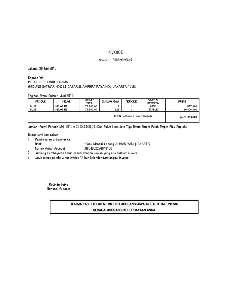Invoice Premi Asuransi Juni 2015 | PDF