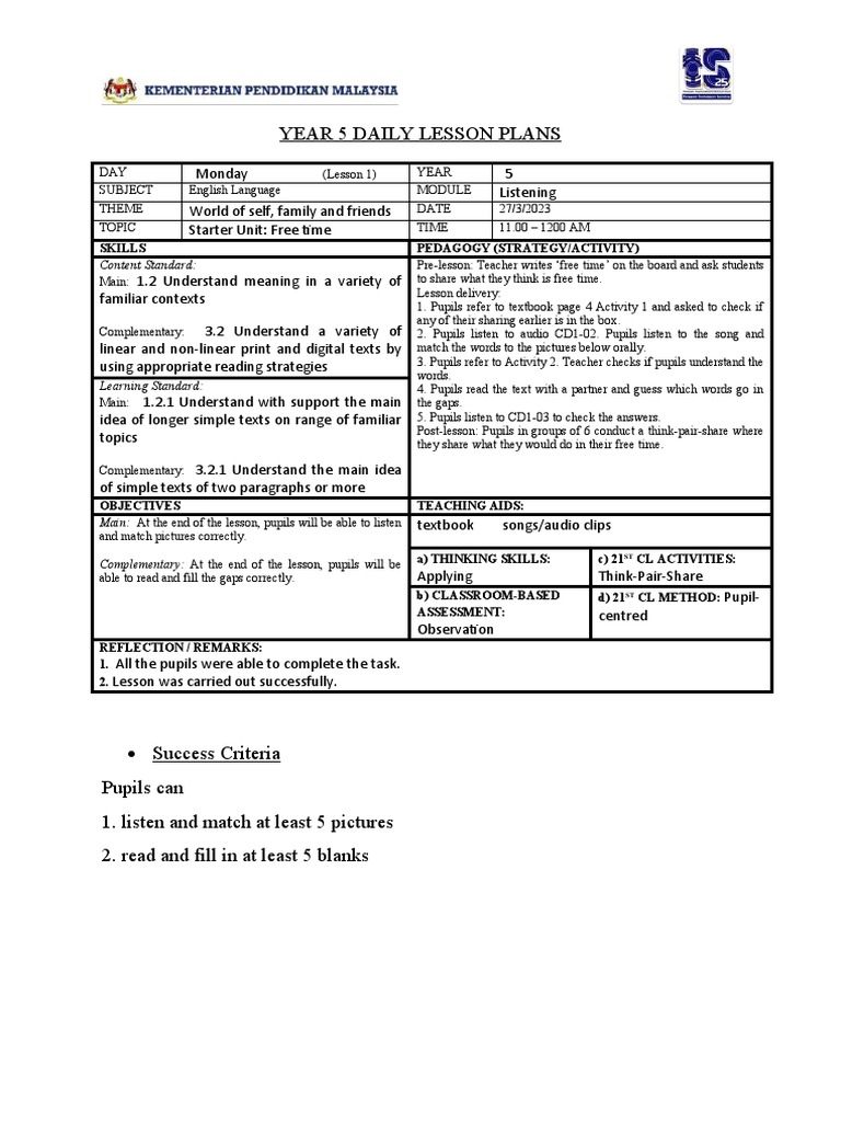 Year 5 English Lesson Plans: Free Time | PDF | Teachers | Lesson Plan