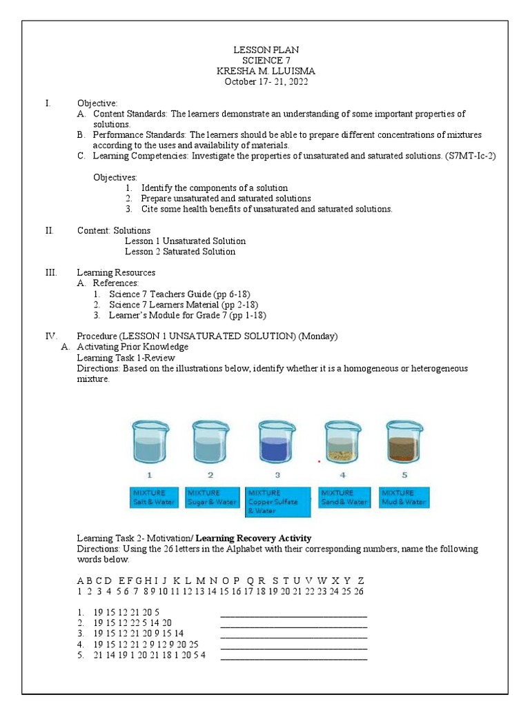 Science 7 Lesson Plan Saturated - Unsaturated Solution | PDF ...
