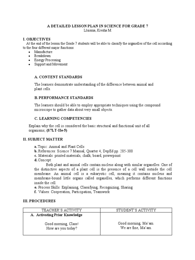 A Detailed Lesson Plan in Science For Grade 7 - Cells | PDF ...