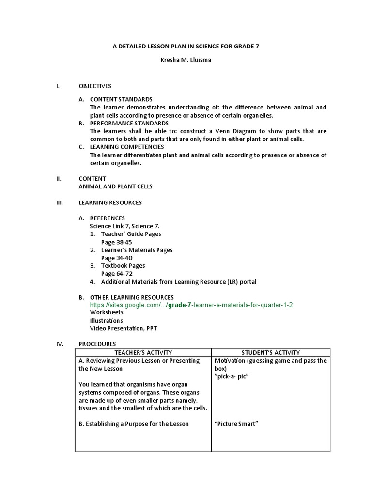 A DETAILED LESSON PLAN IN SCIENCE FOR GRADE 7_ANIMAL AND PLANT | PDF ...