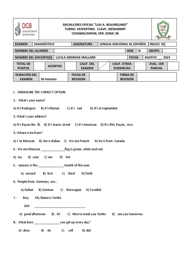 Examen Diagnostico Ingles Iii | PDF