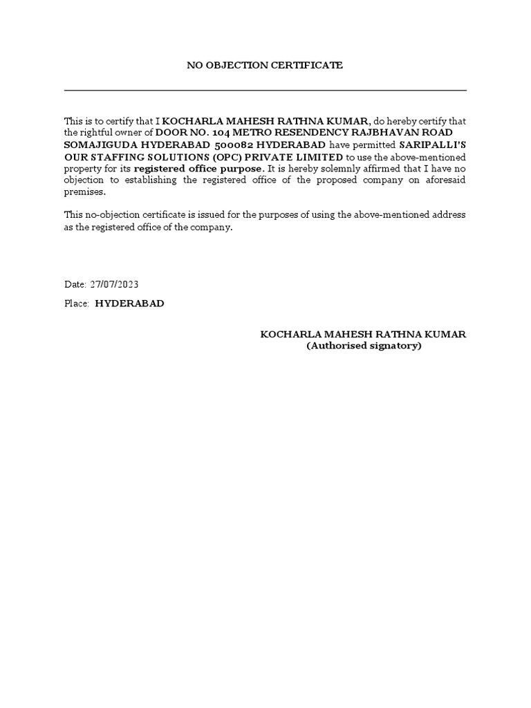 Saripalli'S Our Staffing Solutions (Opc) Private Limited: No Objection Certificate | PDF