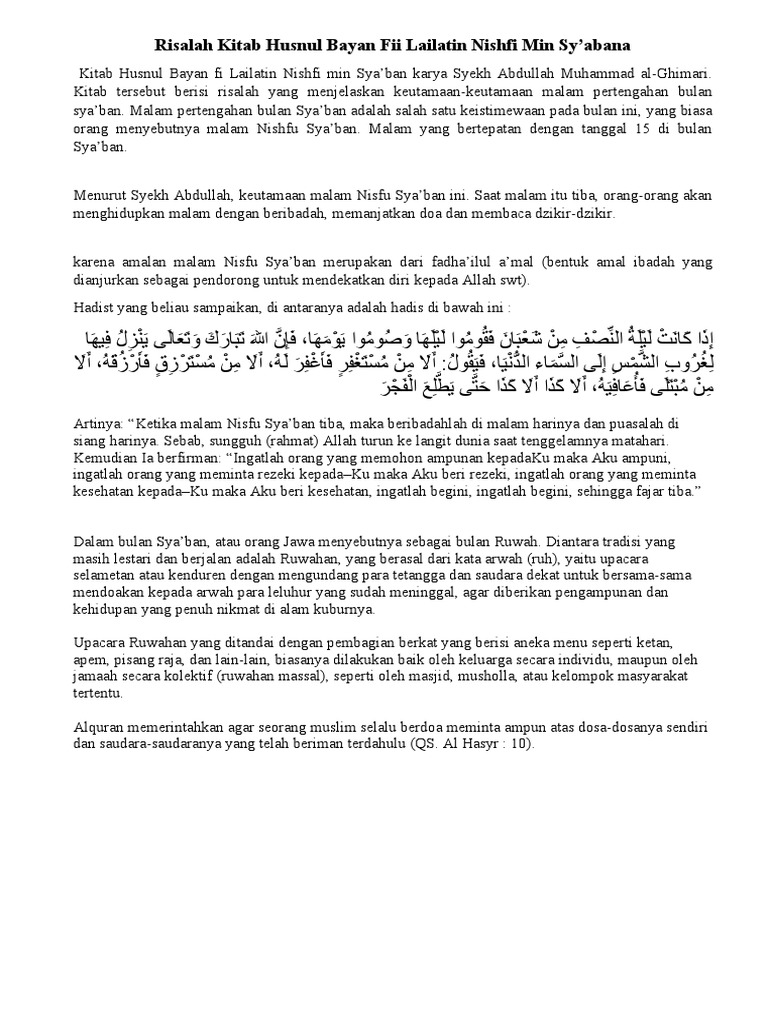 Risalah Kitab Husnul Bayan Fii Lailatin Nishfi Min Sy | PDF | Filsafat