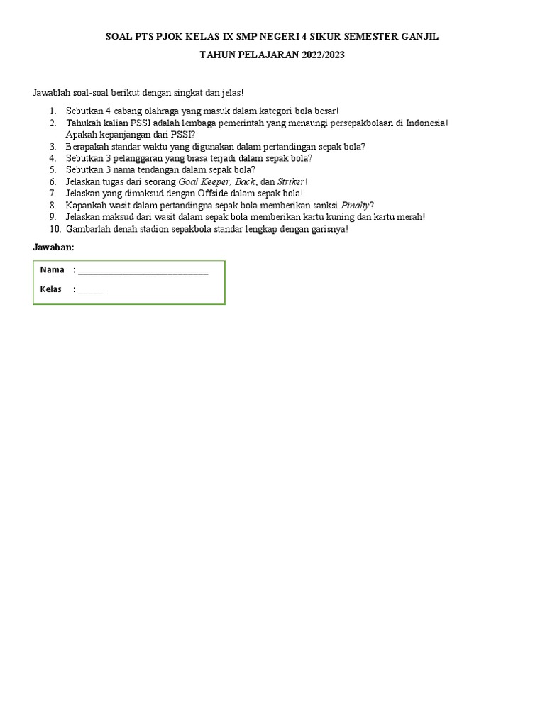 Soal PTS Pjok Kelas Ix SMP Negeri 4 Sikur Semester Ganjil TP 2022-2023 | PDF